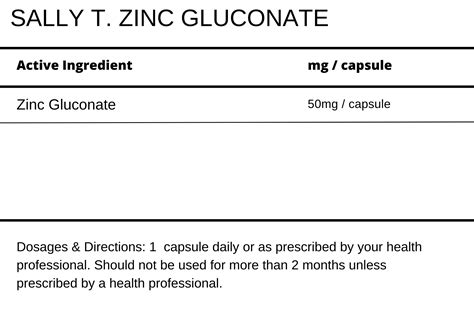 Sally T Zinc Gluconate 50mg 60 Capsules Sally T Nutritional