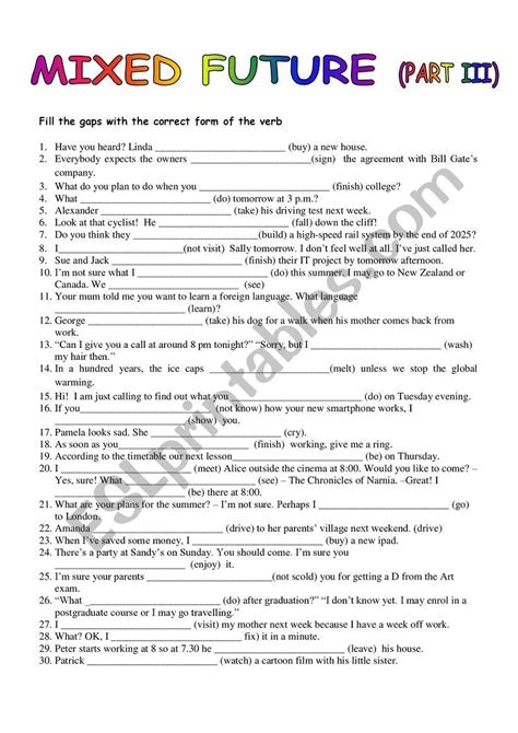 Mixed Future Tense Exercises Key Included Future Tense English