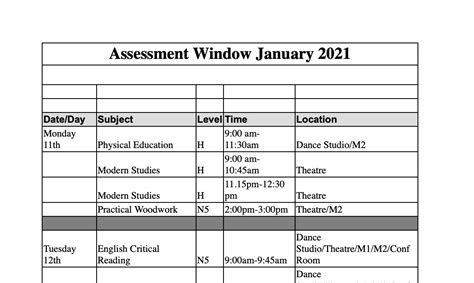 Assessment Timetable Jan 2021 Girvan Academy