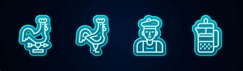 세트 라인 수탉 날씨 베인 프랑스 수탉 남자와 프레스 빛나는 네온 아이콘 벡터 가공의 인물에 대한 스톡 벡터 아트 및 기타