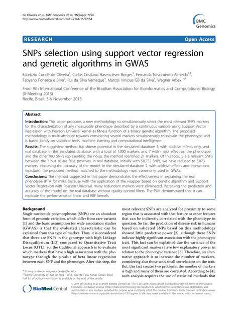 Pdf Snps Selection Using Support Vector Regression And Genetic Algorithms In Gwas