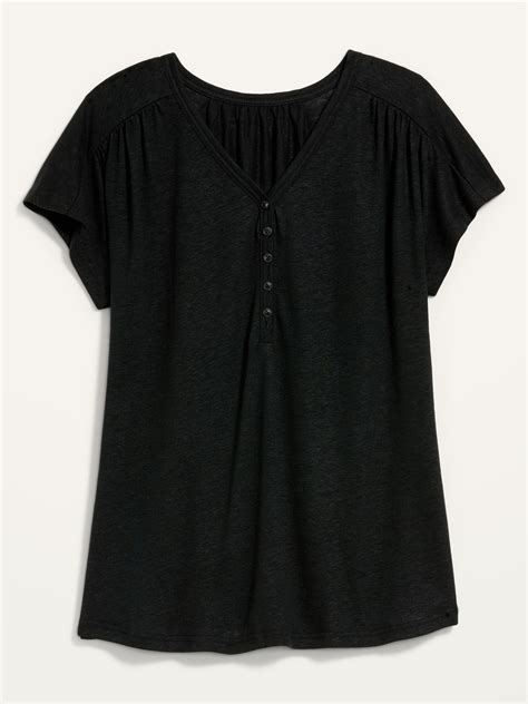 Loose V Neck Linen Blend Henley T Shirt For Women Old Navy