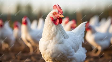 Premium Photo Closeup Of A White Chicken On Farm With Blurred Checkens In