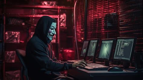 Premium AI Image A Man In A Mask With A Hood Behind A Laptop Symbol Of A Group Of Anonymous