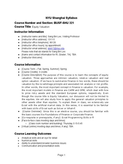 Nyu Shanghai Syllabus Equity Valuation Pdf Academic Dishonesty Valuation Finance
