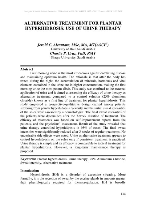 Pdf Alternative Treatment For Plantar Hyperhidrosis Use Of Urine Therapy