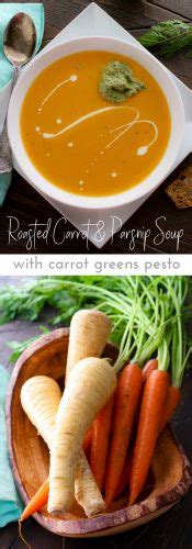 Roasted Carrot And Parsnip Soup With Carrot Greens Pesto