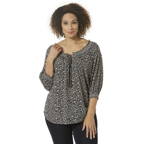 Basic Editions Women S Plus Smocked Peasant Top Leopard Print