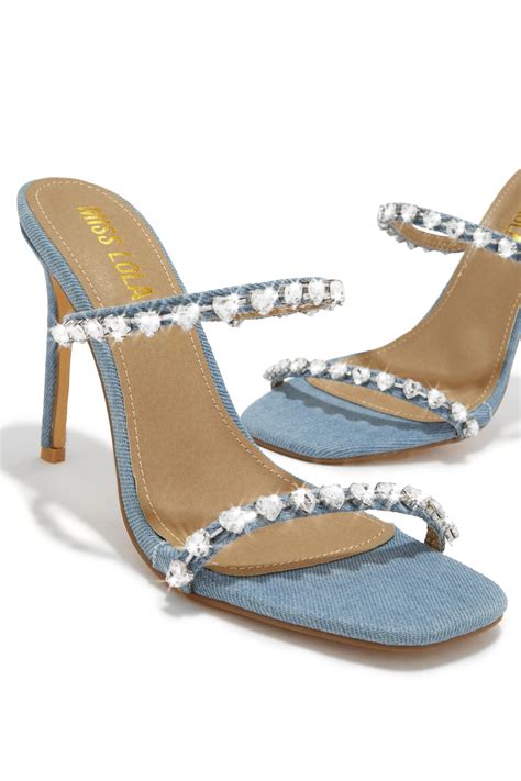 Miss Lola Love Addiction Denim Embellished High Heel Mules Miss Lola
