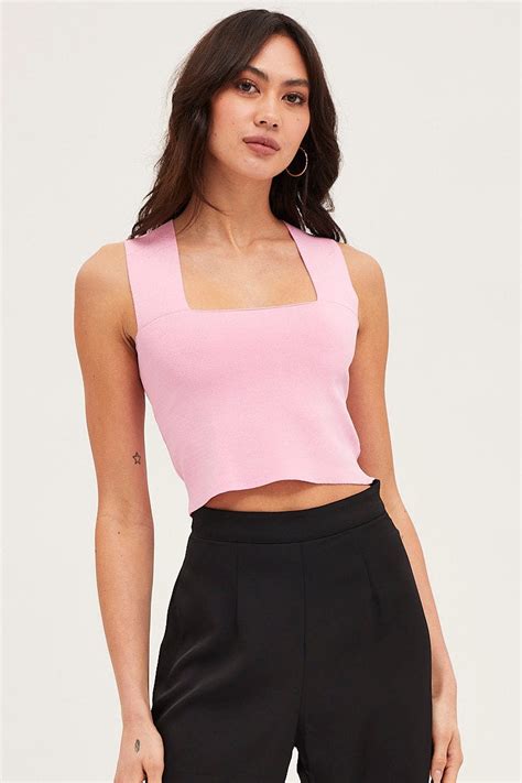 Womens Pink Knit Top Sleeveless Crop Square Neck Ally Fashion