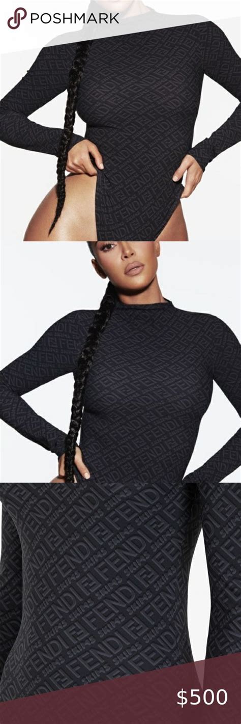 Fendi X Skims Fendi Skims Mock Neck Long Sleeve Logo Bodysuit In Black