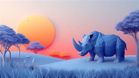 A Blue Rhino Standing In A Field With Trees And Grass Ai Stock Image