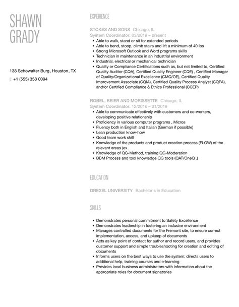 System Coordinator Resume Samples Velvet Jobs