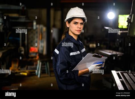 Confidence Female Mechanical Engineer Manager Checking And Inspecting Engine Stock Photo Alamy