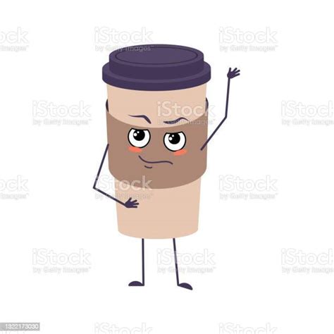 감정 얼굴 팔과 다리와 커피 캐릭터의 귀여운 컵 재미 있거나 자랑스럽고 음료를 마실 수 있는 종이 유리 가공의 인물에 대한 스톡