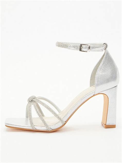 Quiz Wide Fit Shimmer Diamante Heeled Sandals Silver Very