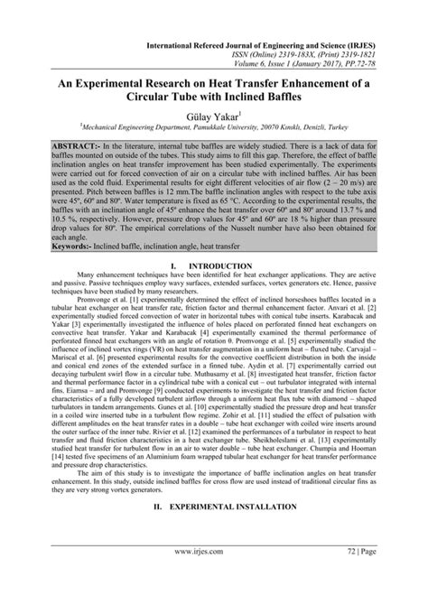 An Experimental Research On Heat Transfer Enhancement Of A Circular Tube With Inclined Baffles Pdf