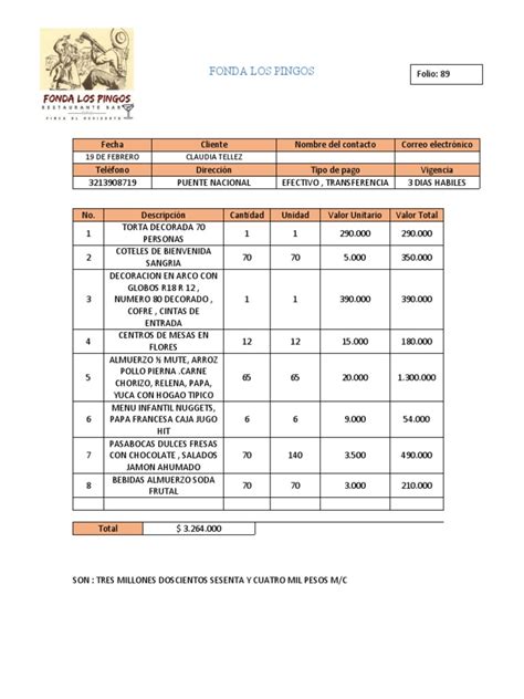 Formato Cotización Pdf Cocina Alimentos