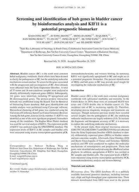 Pdf Screening And Identification Of Hub Genes In Bladder Cancer By Bioinformatics Analysis And