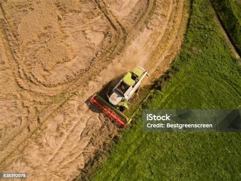 여름곡물 수확에에서는 황금 밀밭에 밀 수확에 현대 결합 수확기의 항공 보기 8월에 대한 스톡 사진 및 기타 이미지 8월