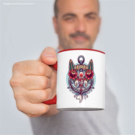 Чаша с риба кои котва рози вълни листа многоцветна 330 мл керамика с червена дръжка Emag Bg