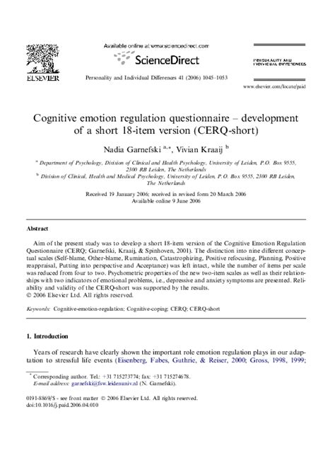 Pdf Cognitive Emotion Regulation Questionnaire Development Of A Short 18 Item Version Cerq