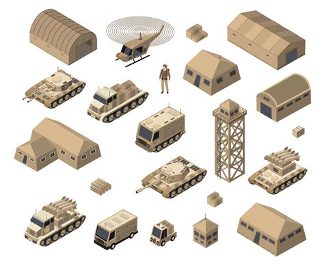Set Of Army Armed Troop Isometric Armed Military Transport Objects And