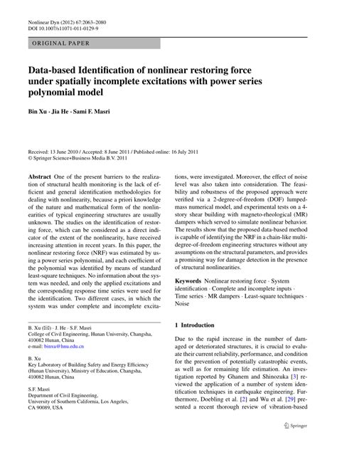 Pdf Data Based Identification Of Nonlinear Restoring Force Under Spatially Incomplete