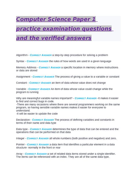 Computer Science Paper 1 Practice Examination Questions And The