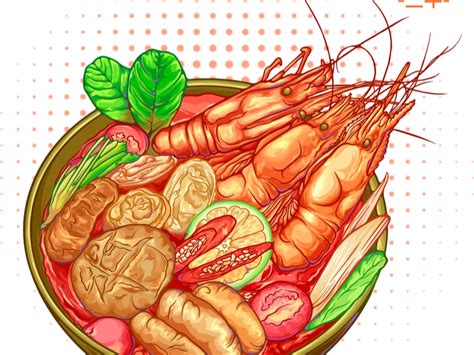 美食插画 冬阴功海鲜锅 小小三牛 站酷ZCOOL