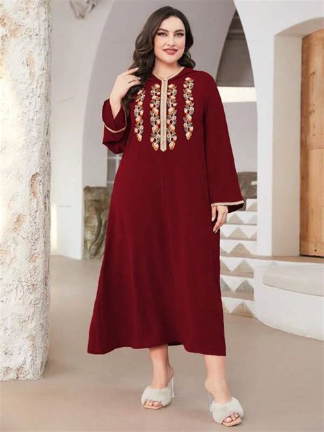 SHEIN Najma Plus Floral Embroidery Hooded Tunic Dress SHEIN USA