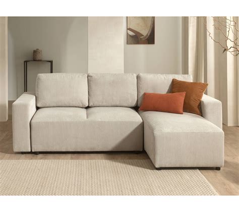 Canapé Angle Droit Convertible 4 Places Livy En Velours Côtelé Beige