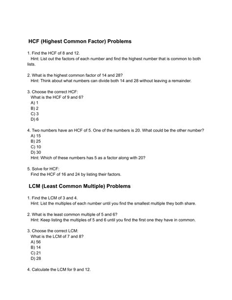 Hcf And Lcm Math Problems Worksheet