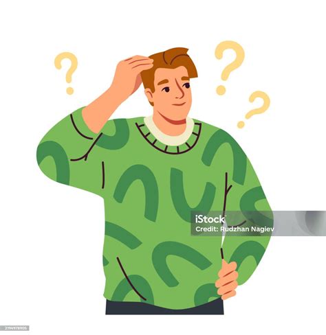 사려 깊은 사람 물음표에 둘러싸인 젊은 수심에 잠긴 남자는 무언가에 대해 생각하거나 아이디어를 떠올리는 것입니다 배경에 고립 된 평면 벡터 그림 걱정하는에 대한 스톡 벡터