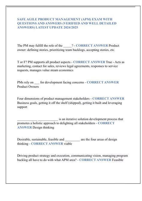 Safe Agile Product Management Apm Exam With Questions And Answers Verified And Well Detailed