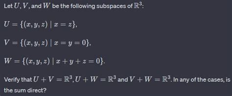 solved let u v ﻿and w ﻿be the following subspaces of r3