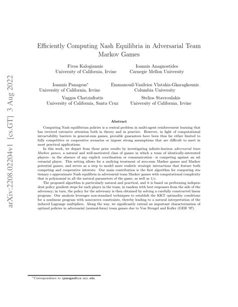 (PDF) Efficiently Computing Nash Equilibria in Adversarial Team Markov ...
