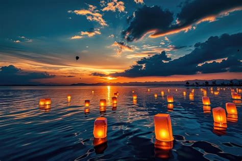 Premium Photo Floating Lanterns At Dusk Beautiful Floating Paper Lanterns Light Background
