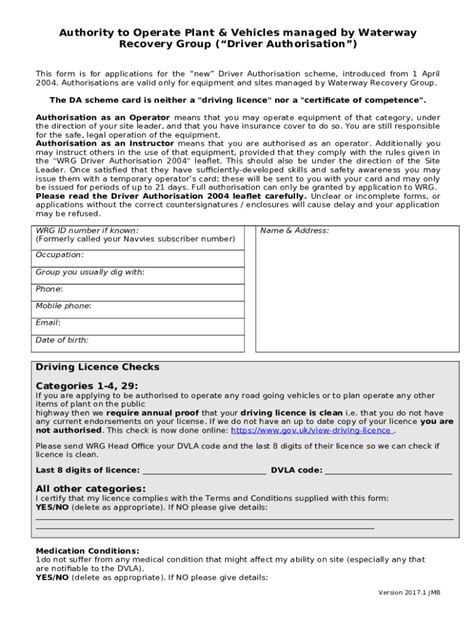 Driver Authorisation Application Waterways Org Doc Template Pdffiller