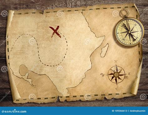 Old Treasure Pirates` Map With Compass On Wood Table 3d Illustration