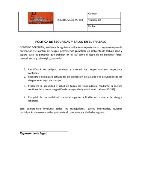 Ejemplo Politica De Seguridad Y Salud En El Trabajo I