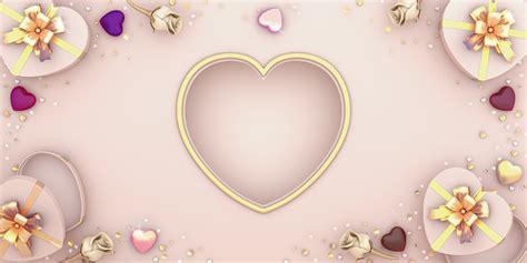 해피 발렌타인 데이 화이트 플라워 하트 모양 선물 상자 창 틀 초콜릿 사탕 배경에 골드 색종이 반짝이 인사말 카드 플랫 레이 레이아웃 복사 공간 텍스트 3d 일러스트레이션