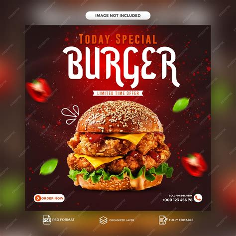 맛있는 햄버거 음식 메뉴 소셜 미디어 배너 Instagram 게시물 템플릿 및 음식 전단지 디자인 프리미엄 Psd 파일