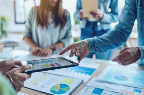 Team Collaborating On A Project Analyzing Data On Tablets And Documents Symbolizing Teamwork