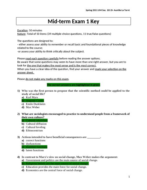 Midterm Exam 1 With Answer Key Introduction To Sociology Soc 101