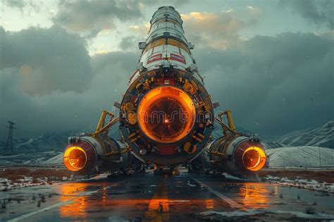 Rocket Engine Turbines On Spacecraft Ready For Launch On Runway For
