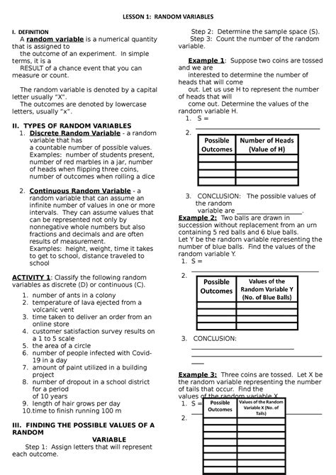 Randomvariables LESSON RANDOM VARIABLES I DEFINITION A Random Variable Is A Numerical
