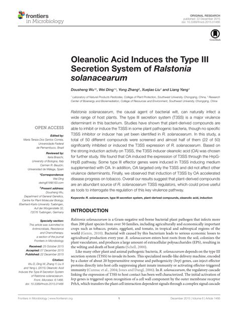 Pdf Oleanolic Acid Induces The Type Iii Secretion System Of Ralstonia