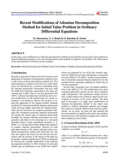 Pdf Recent Modifications Of Adomian Decomposition Method For Initial