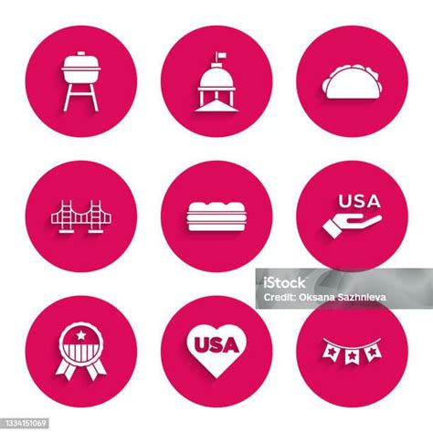 세트 샌드위치 미국 독립 기념일 깃발카니발 화환 메달 스타 골든 게이트 브리지 타코 토르티야와 바베큐 그릴 아이콘 벡터 4세기에 대한 스톡 벡터 아트 및 기타 이미지
